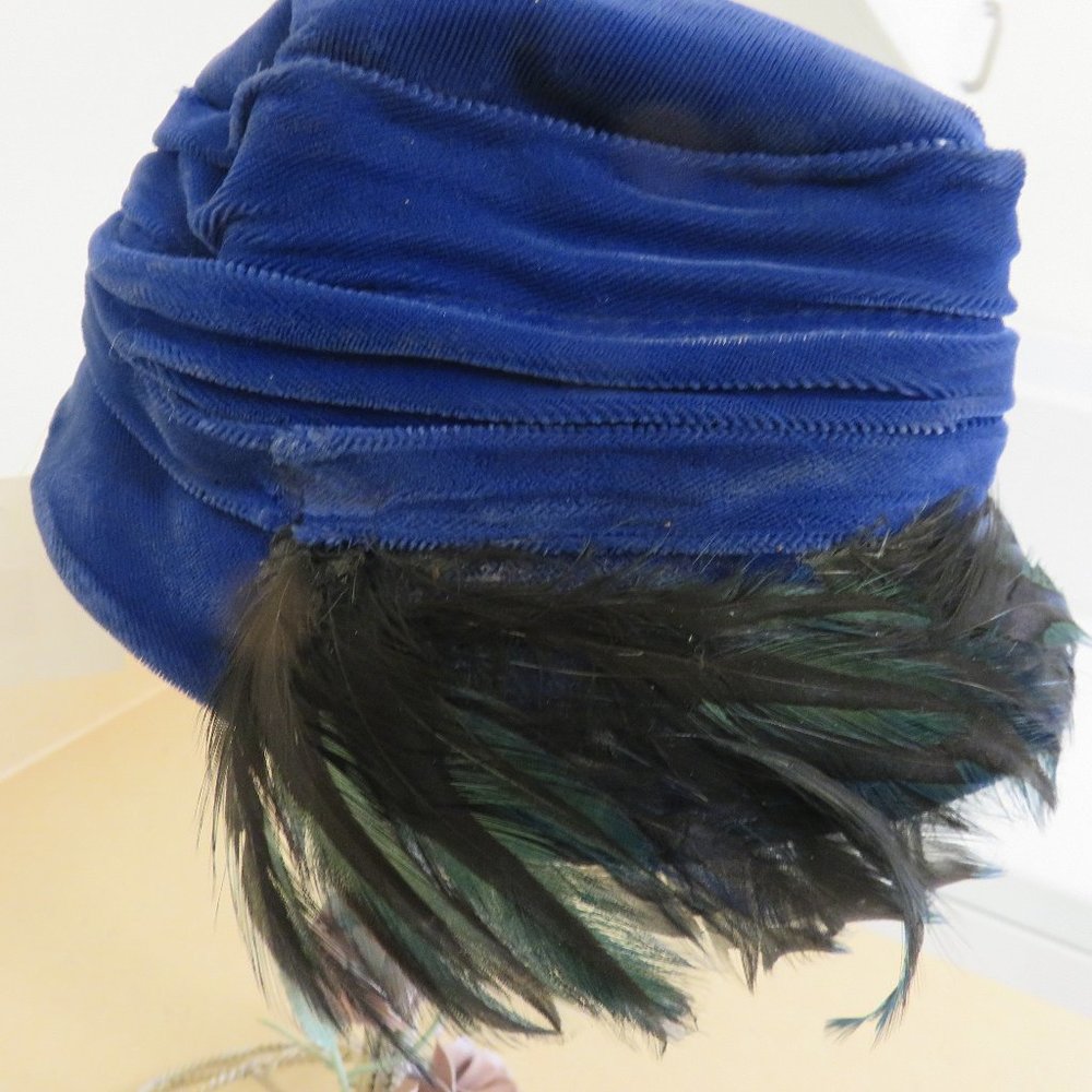 Vintage Union Made Royal Blue Velvet Hat W/Feather - Gem